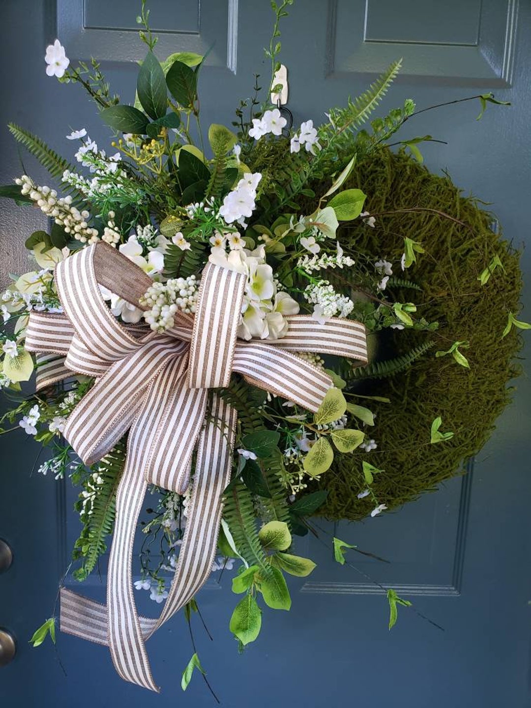 Moss Wreath With Hydrangeas and Plaid Ribbon, Spring Summer Decor - Etsy