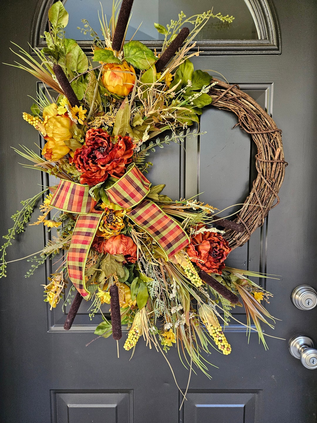 Fall Wreath With Cattails and Fall Grasses Harvest Wreath - Etsy