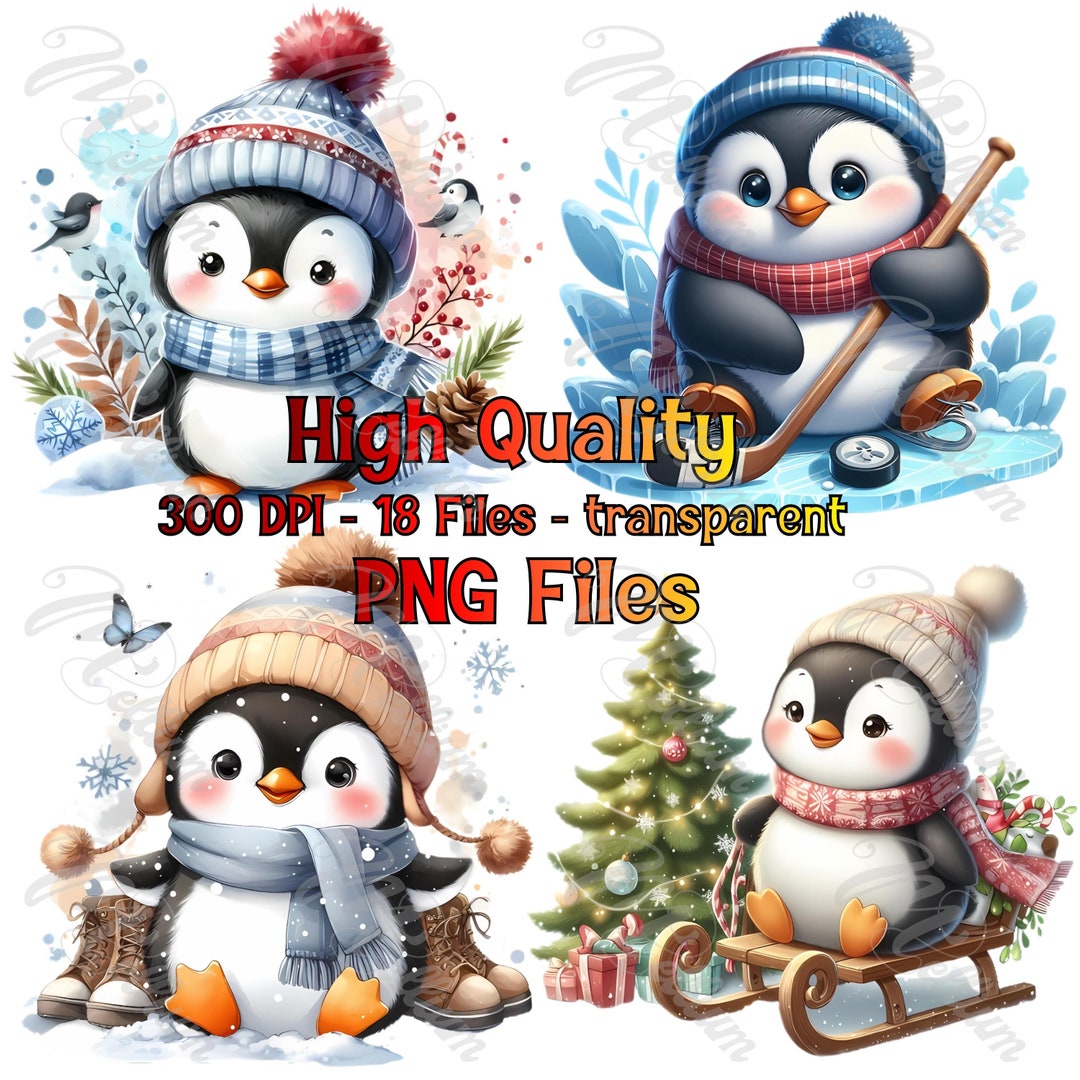 Penguins Cute 18 PNG Clipart Bundle Images Winter Hat Christmas Penguin ...