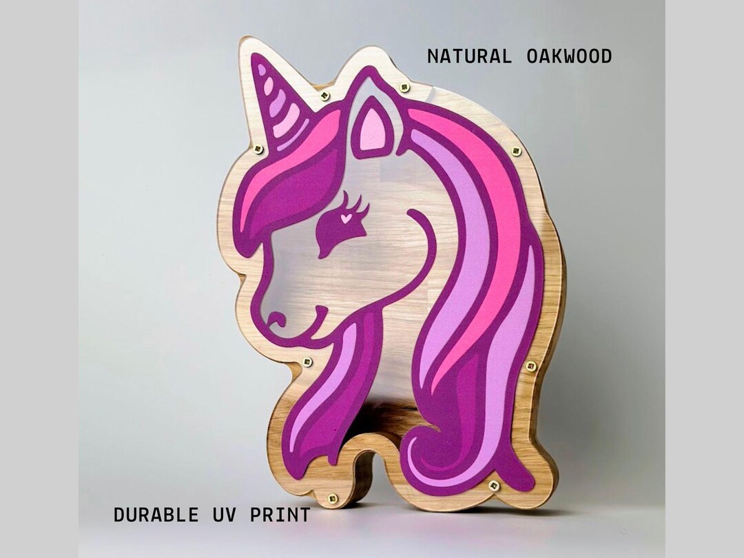 Colorful Wooden Unicorn Piggy Bank, Oak Wood Coin Holder, Fantasy Kids ...