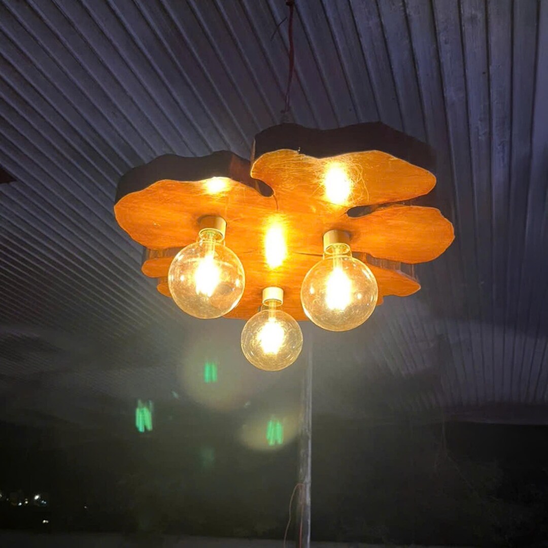 Live Edge Wood Slab Light Solid Wood Hanging Lamp Shade Chandelier ...