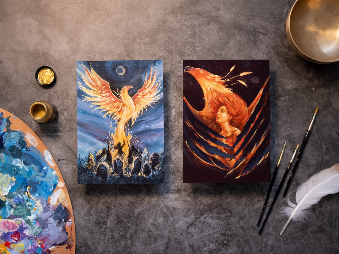 Phoenix Art Prints Set: Handmade Gold Detail, Witchy Pagan Decor - Etsy