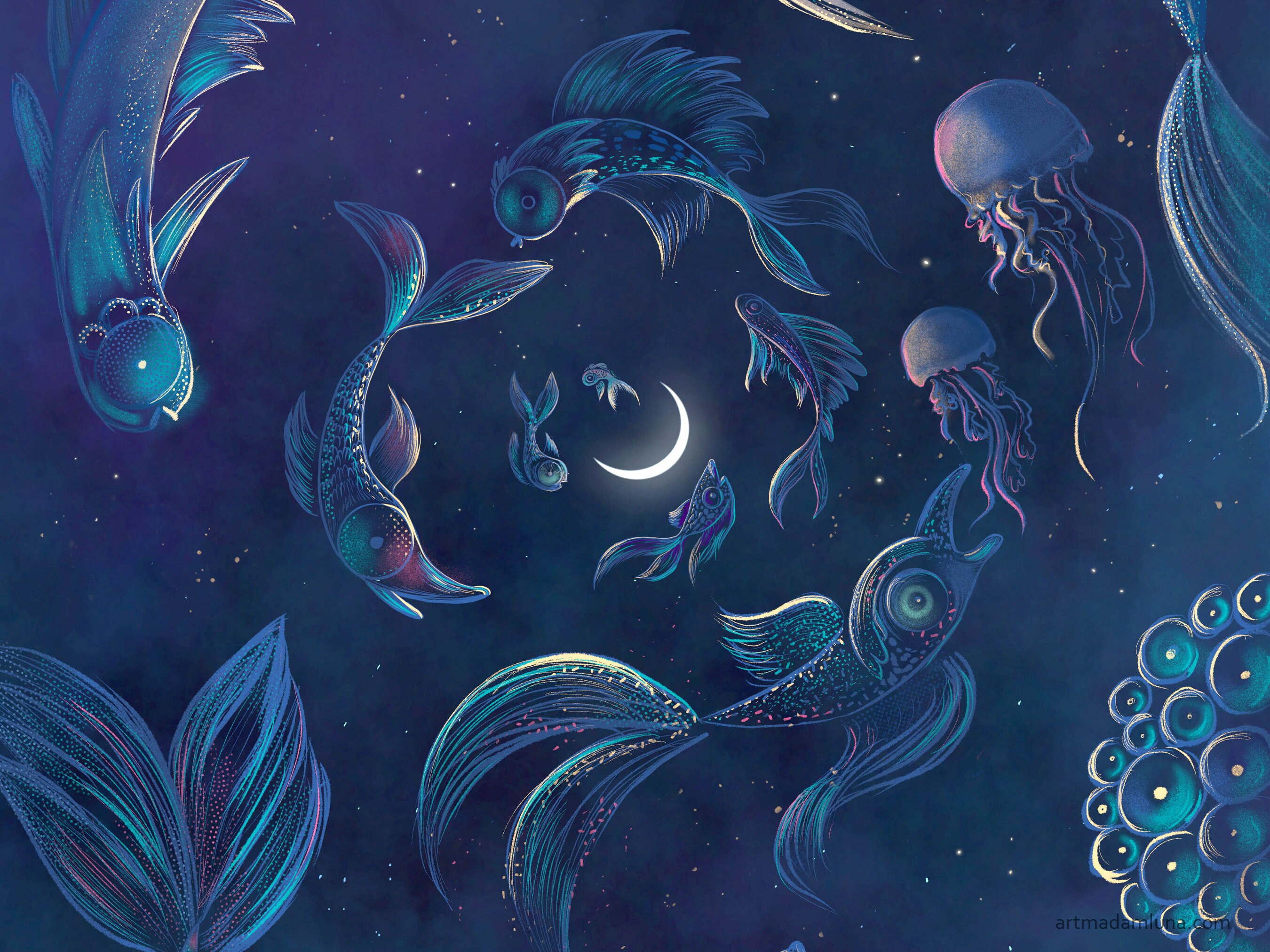 The New Moon in Pisces Fine Art Illustration Print | Etsy