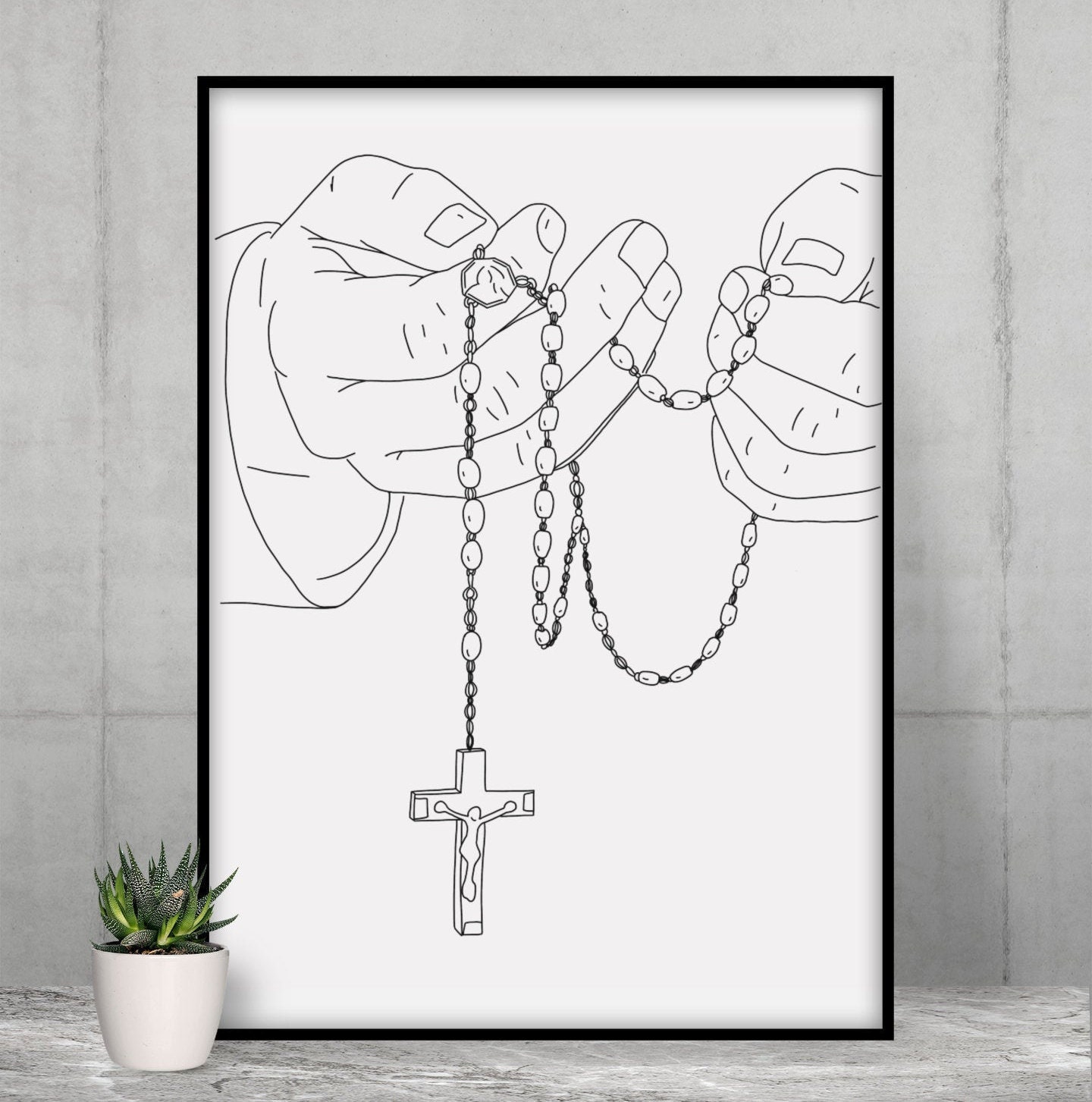 Rosary in Hand, Praying | Line Drawing Print | Catholic Art | Hand ...