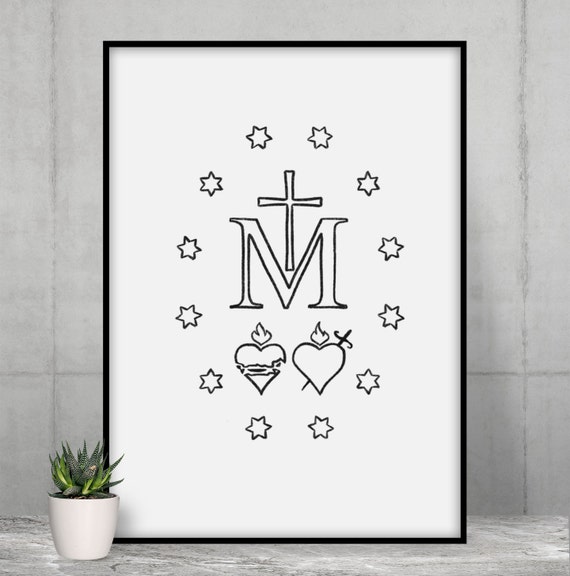 Marian Cross Line Drawing Print Catholic Art Hand Drawn | Etsy