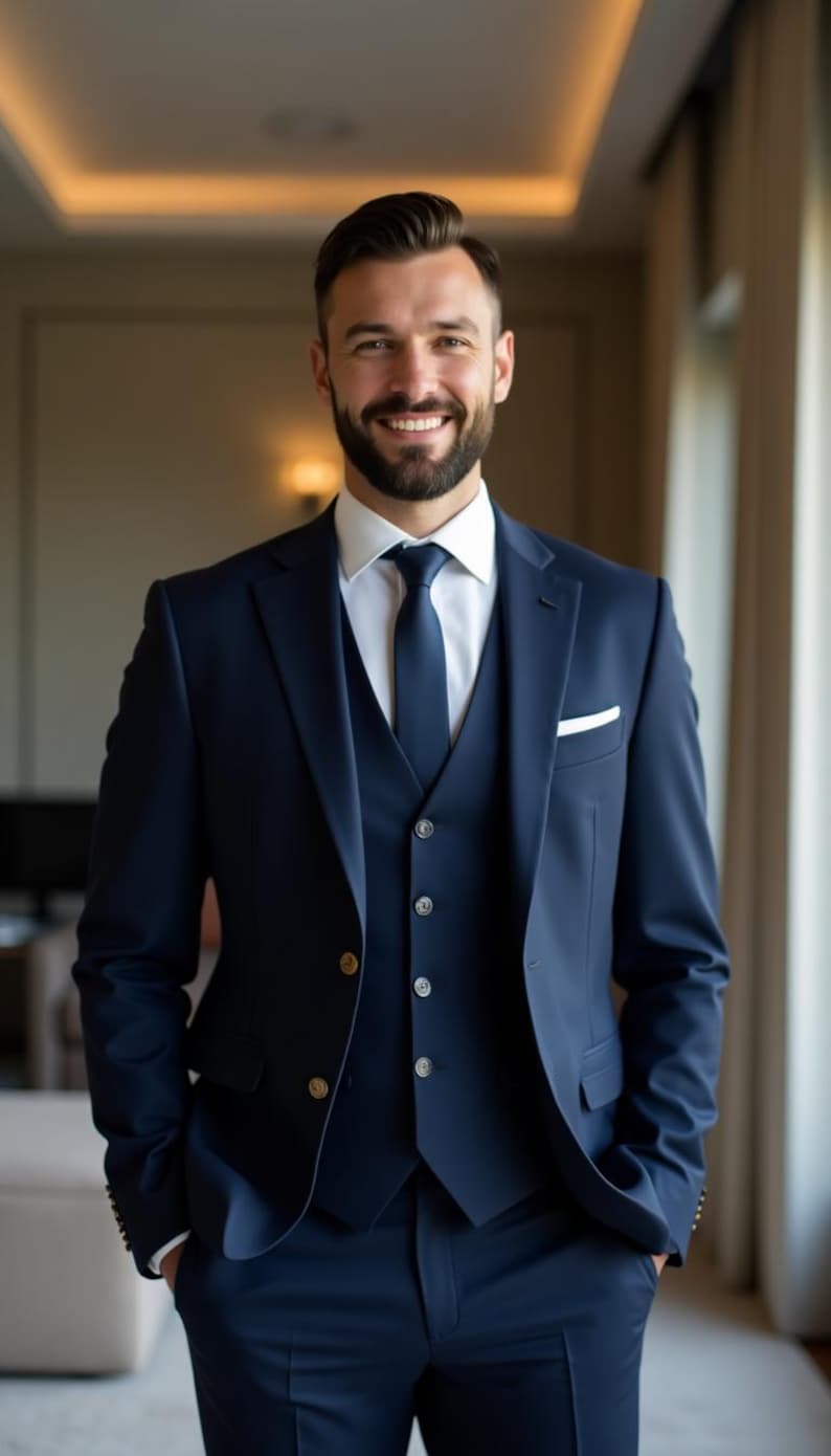 Men's Navy Blue Three-piece Suit - Classic & Stylish Suit for Groom and ...