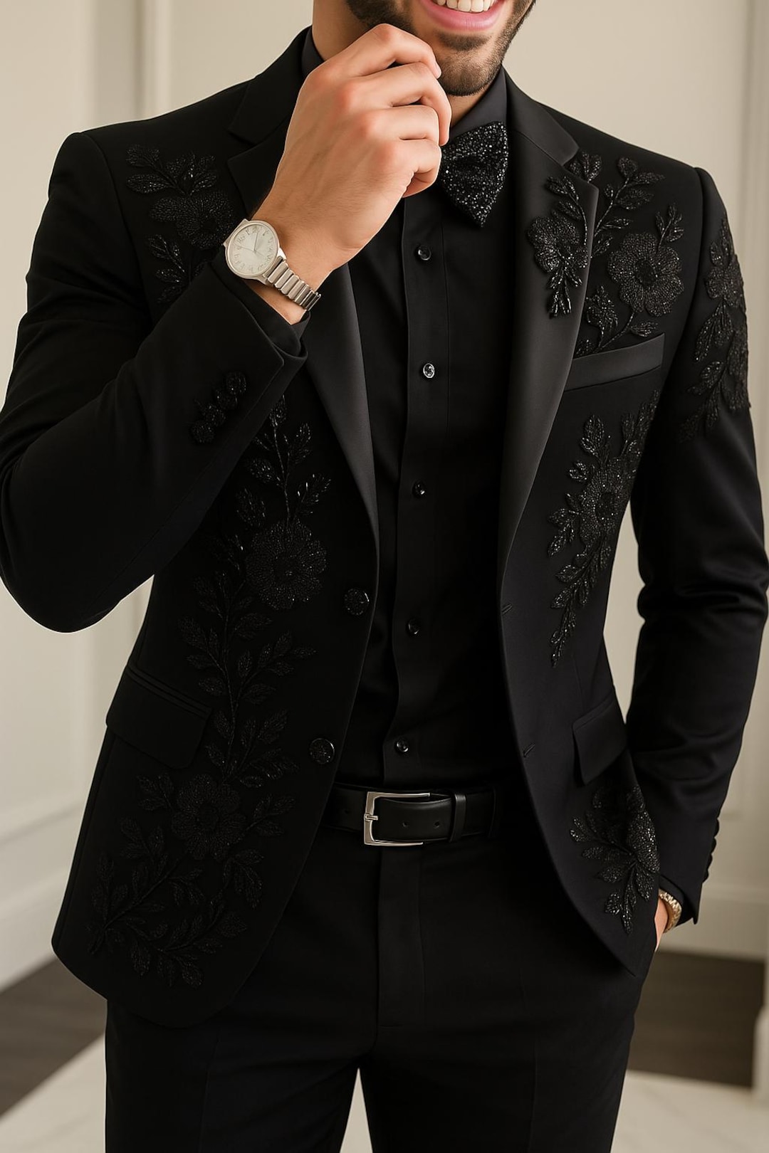 Black Floral Hand Embroidered Men's Suit | Custom Tuxedo for Groom ...