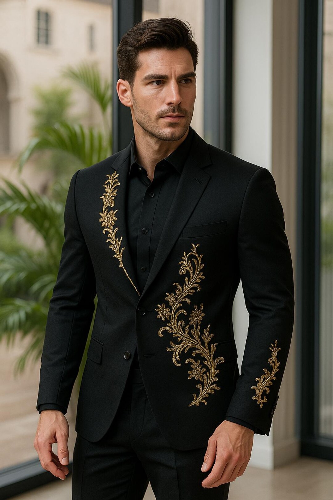 Men's Black Embroidered Suit | Formal Embroidery Jacket | Groom Wedding ...