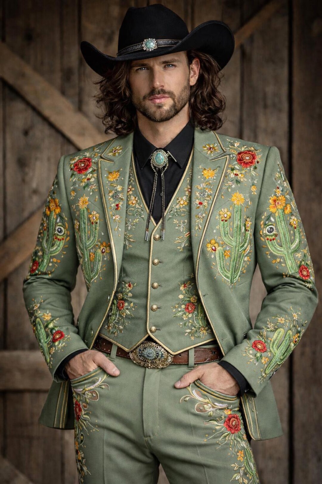 Embroidered Green Western Suit - Men's Cowboy Cactus Rodeo Outfit - Etsy