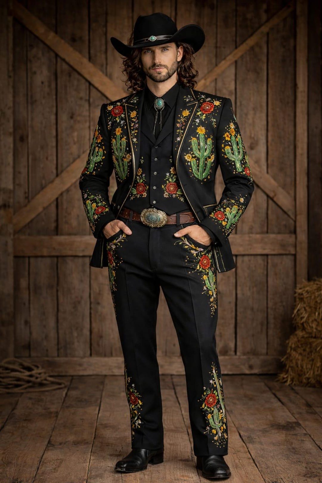 Men's Black Western Suit, Embroidered Cactus Cowboy Tuxedo - Etsy