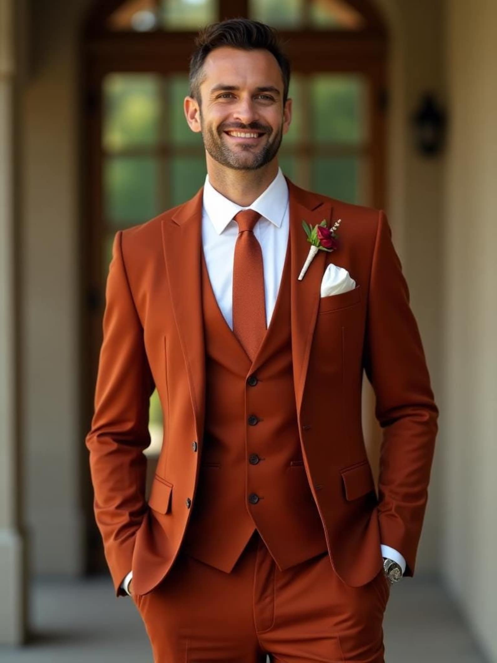 Men's Rust Wedding Suit: Slim Fit Burnt Orange Groomsmen Attire - Etsy