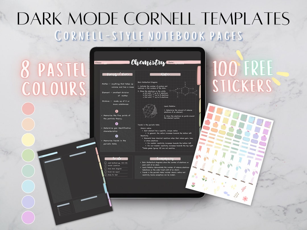 Dark Mode Digital Note Papers Template With Hyper-linked Tabs, Cornell ...