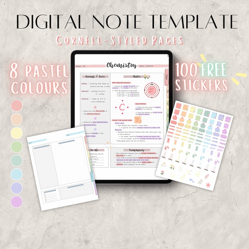 Digital Note Papers Template With Tabs, Pastel Cornell Notes, Student ...