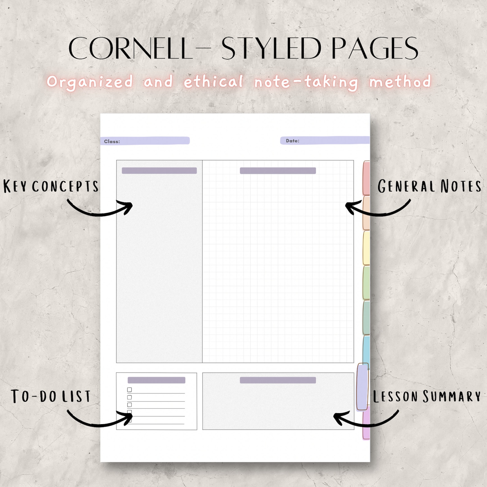 Digital Note Papers Template With Tabs, Pastel Cornell Notes, Student ...