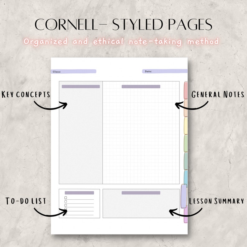 Digital Note Papers Template With Tabs, Pastel Cornell Notes, Student ...
