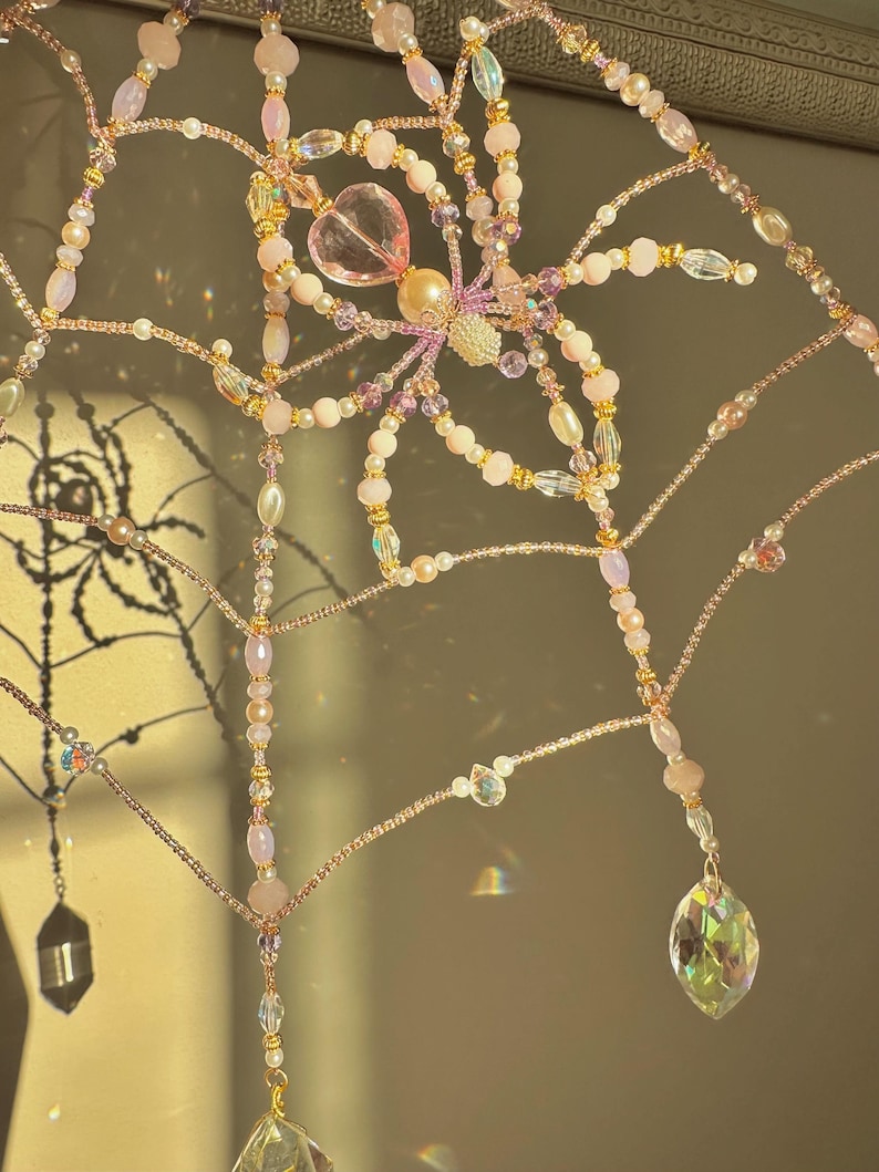 Pink & Pearl Spider Web Crystal Suncatcher | Feng Shui Energy Grounder ...