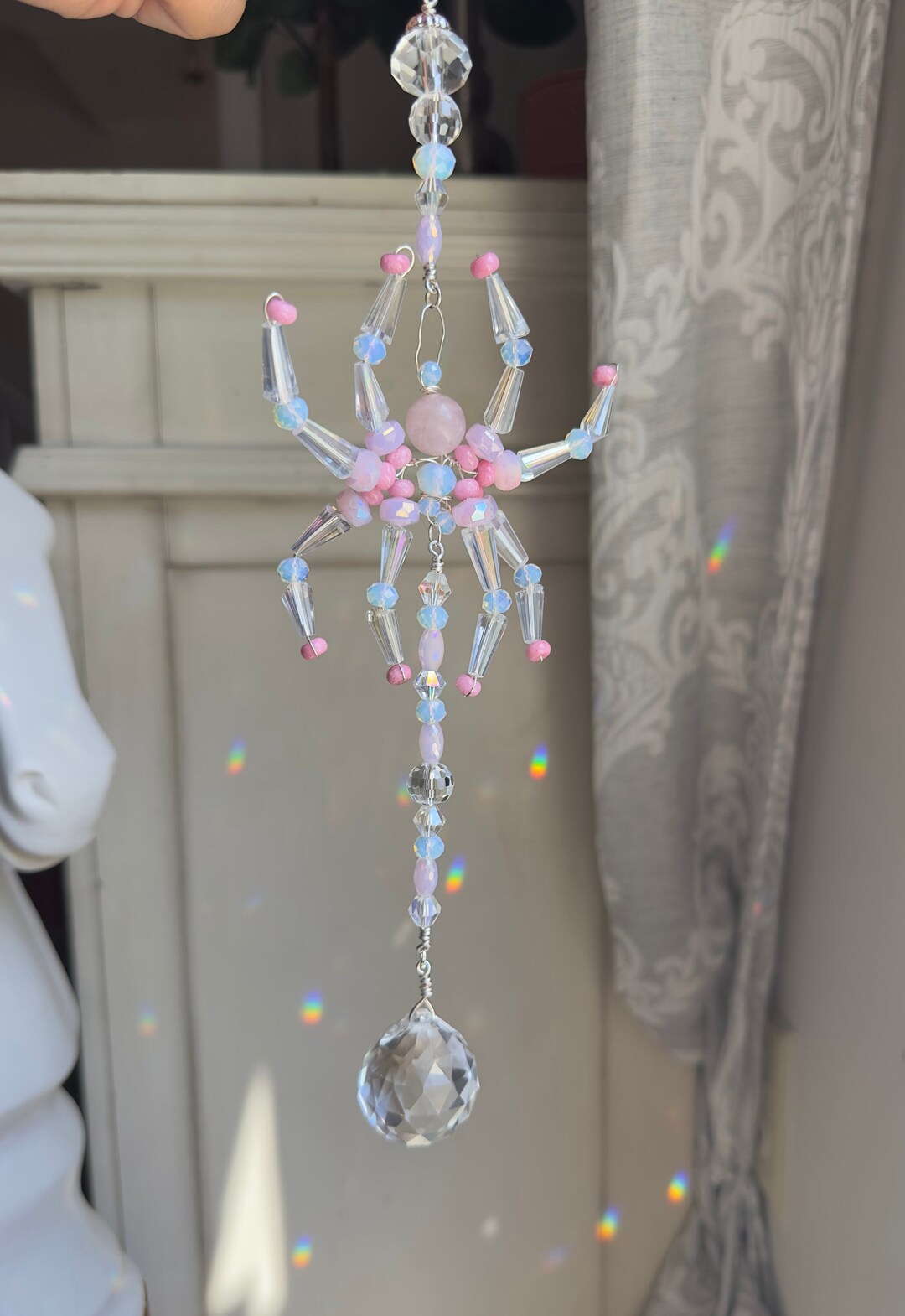 Crystal Beaded Spider Suncatcher Feng Shui Home Decor Rose Quartz ...