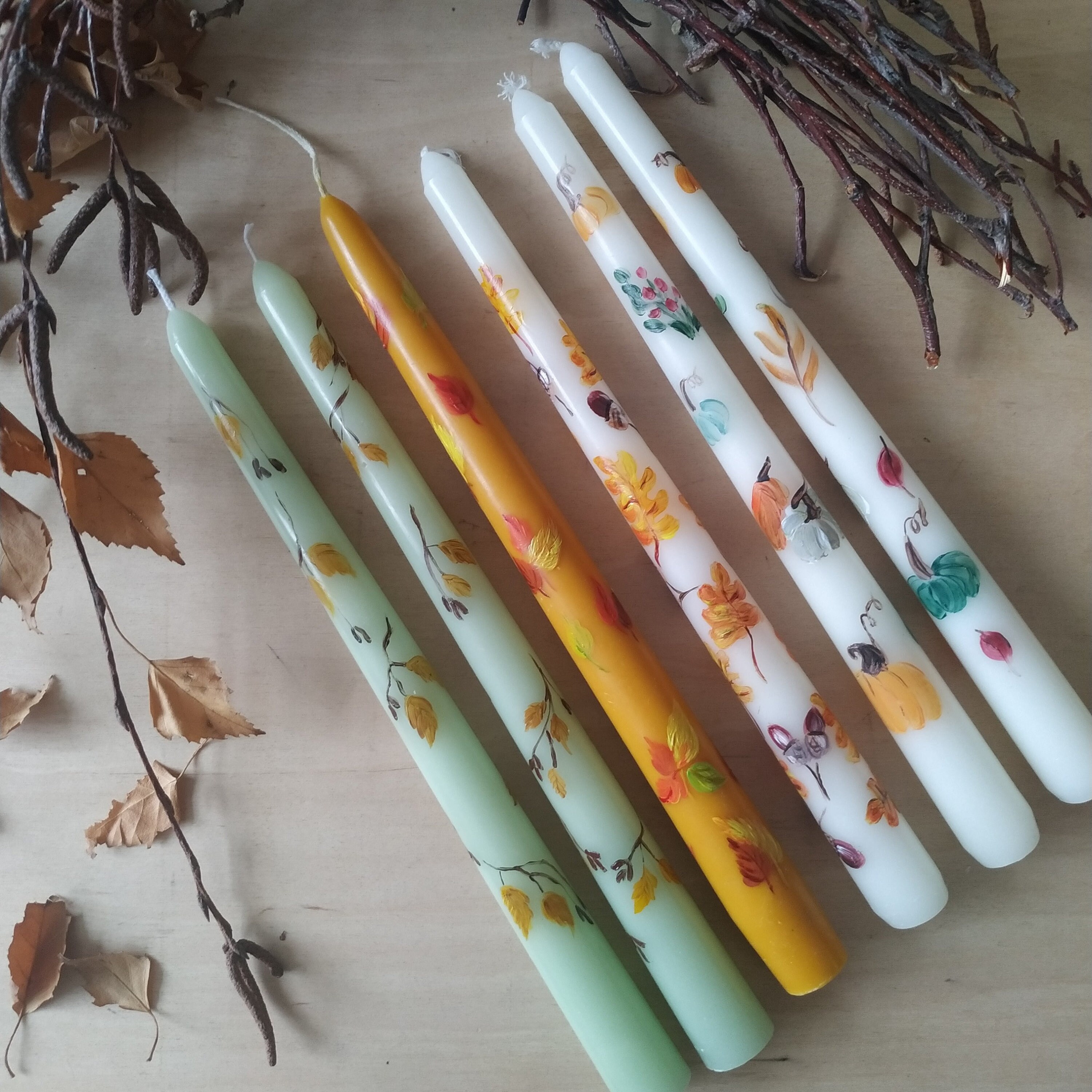Pair of Autumn Hand Painted Taper Candlespumpkins Painted on Ivory ...