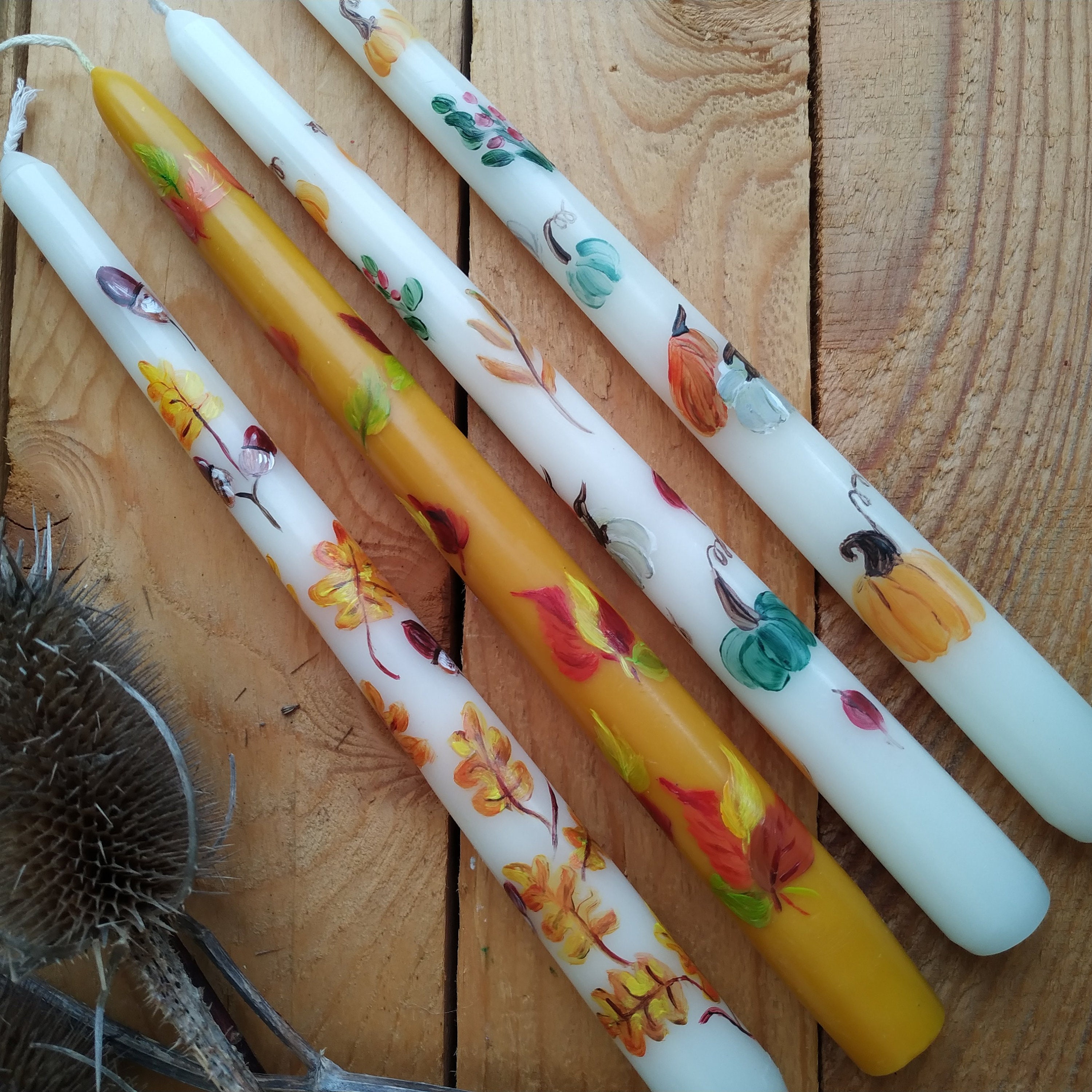 Pair of Autumn Hand Painted Taper Candlespumpkins Painted on Ivory ...
