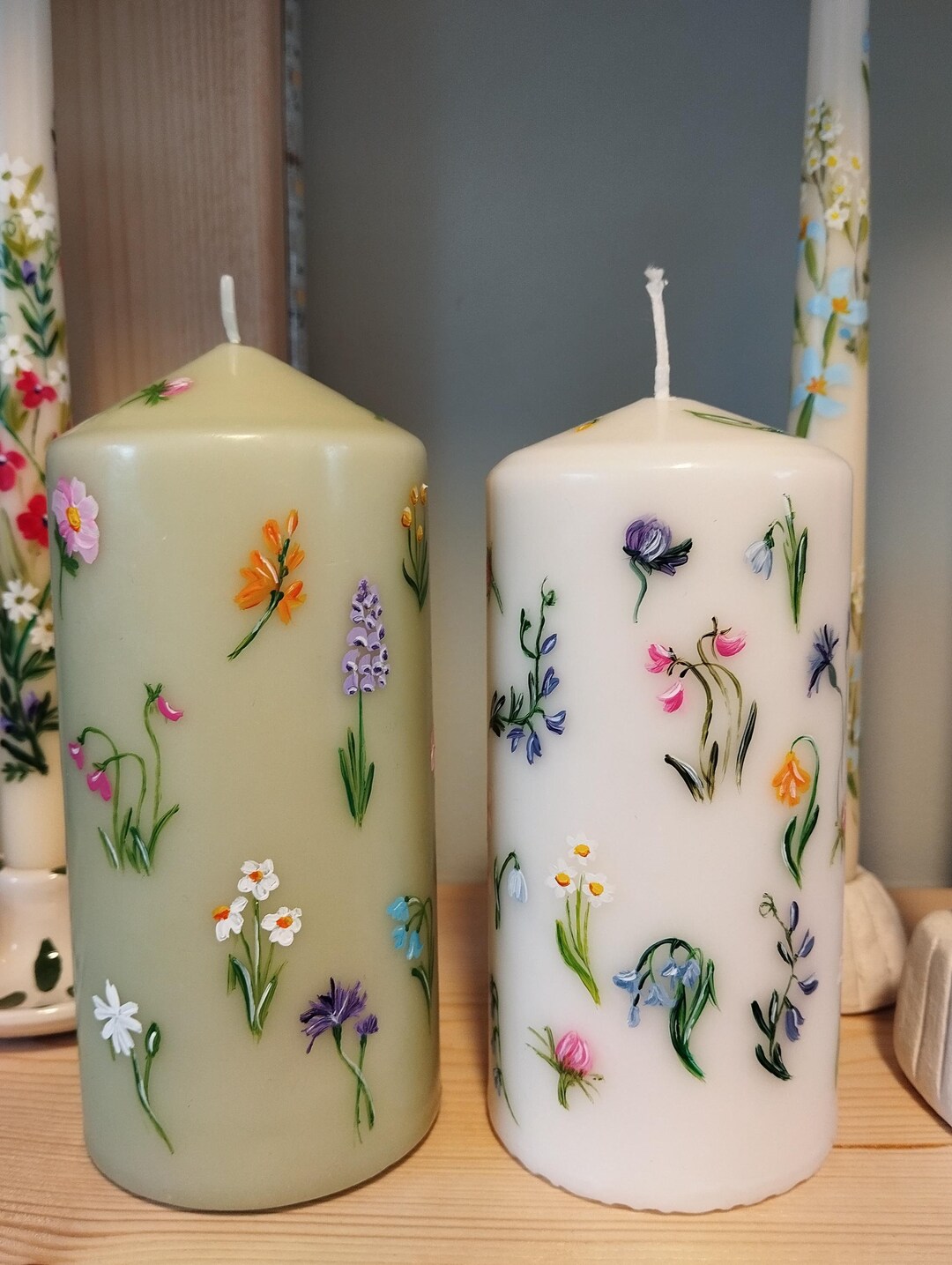 Floral Pillar Candle| Hand Painted| Wild Flowers on Candles|floral ...