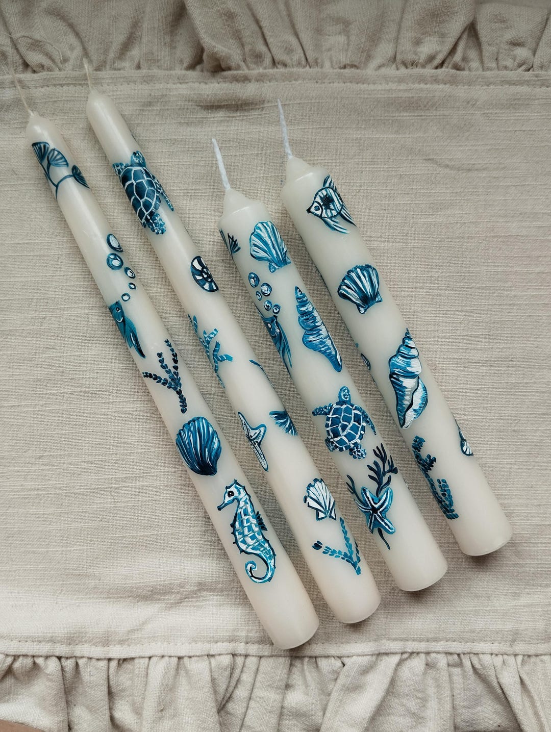 Sea Life on Candles| White and Blue Painted Candles | Summer House| Sea ...