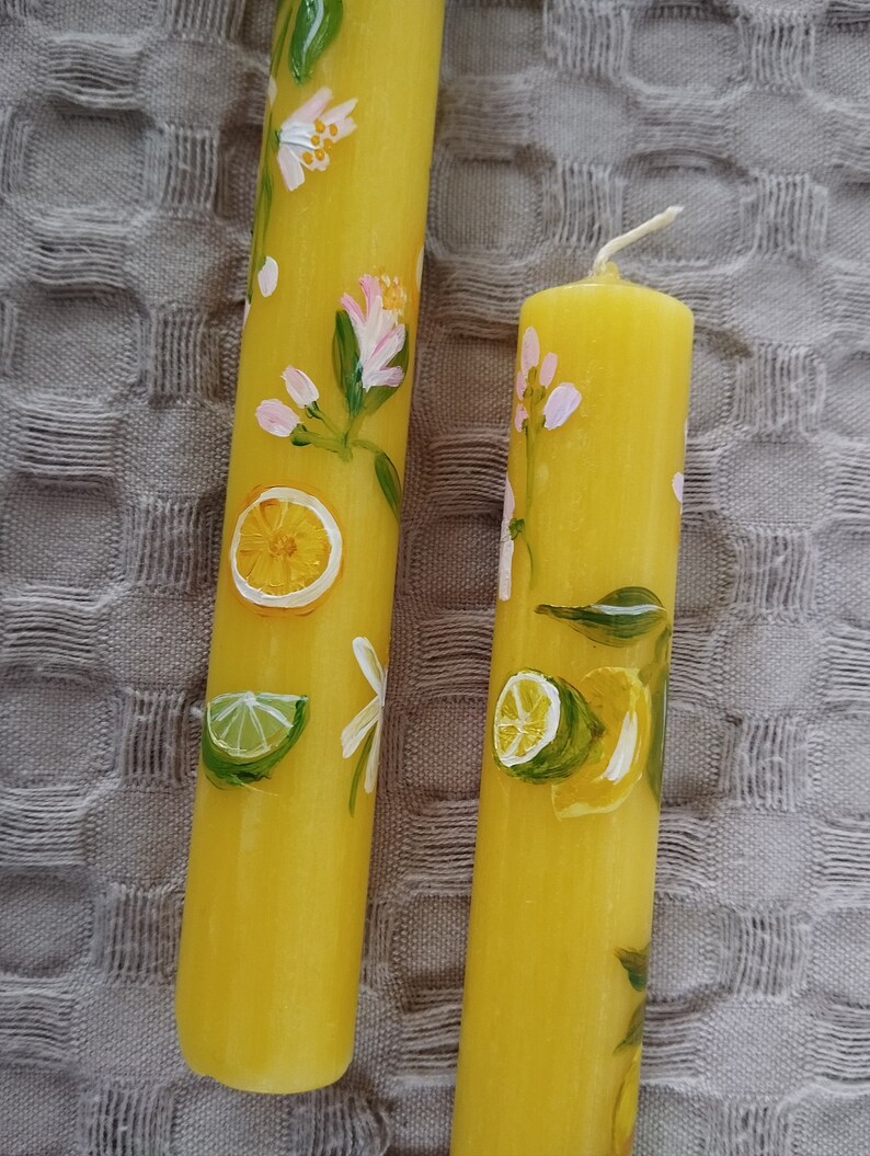 Lemon Blossoms and Lemons on Candles Hand Painted Summer Candles Yellow ...