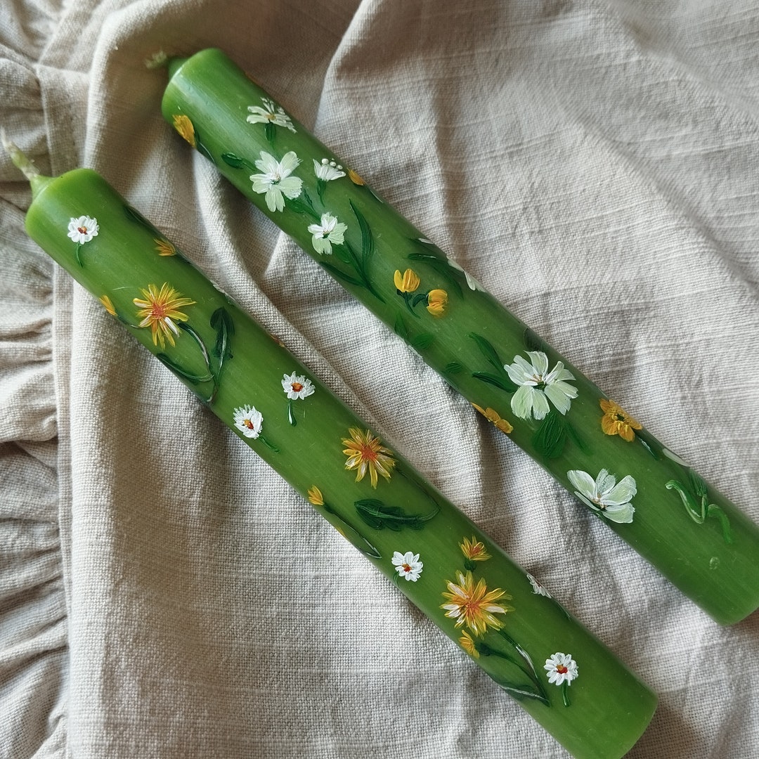 Hand Painted Spring Floral Candles| Dandelions & White Daisies on ...
