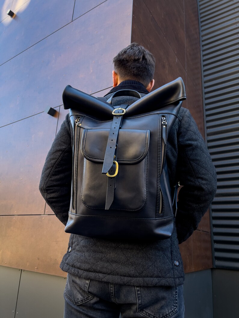 Leather Backpack Roll Top Backpack Mens Backpack Roll up Backpack ...