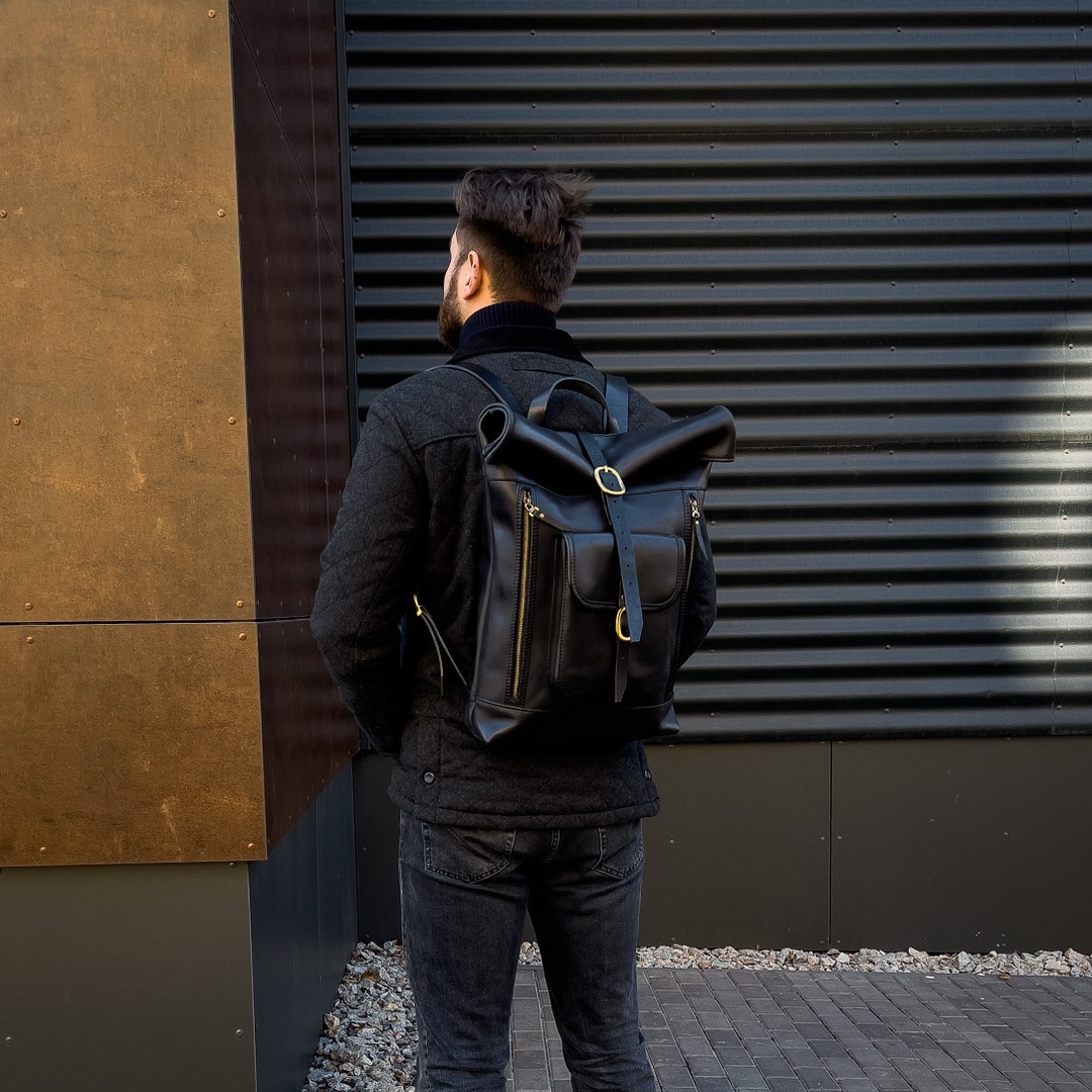 Men's Black Leather Backpack, Black Leather Backpack With Silver ...