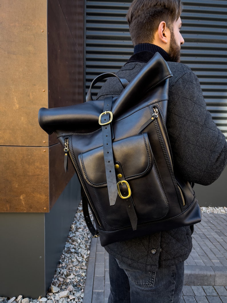 Leather Backpack Roll Top Backpack Mens Backpack Roll up Backpack ...