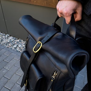 Men's Black Leather Backpack, Black Leather Backpack With Silver ...