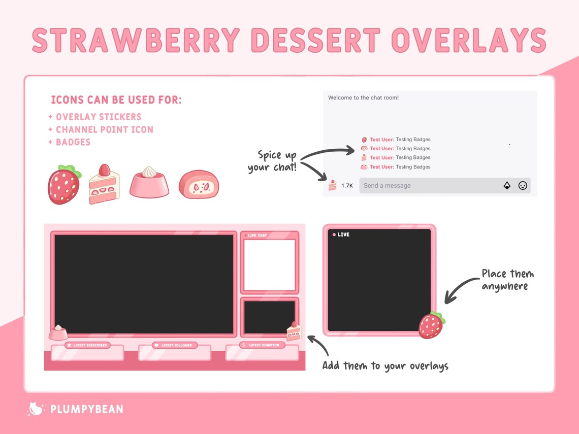 Twitch Stream Overlay Package Cute Pink Strawberry Dessert - Etsy