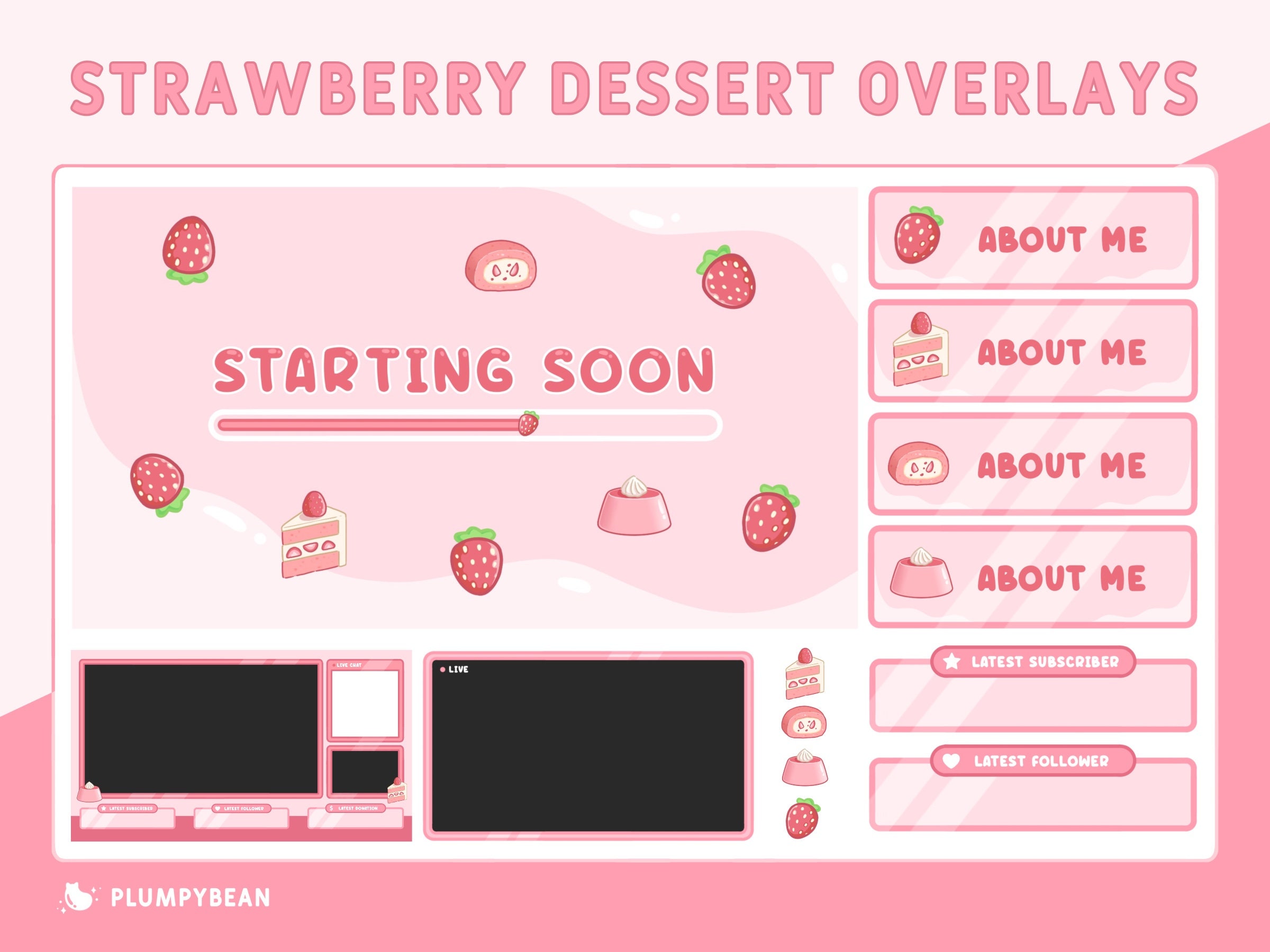 Twitch Stream Overlay Package - Cute Pink Strawberry Dessert - Etsy