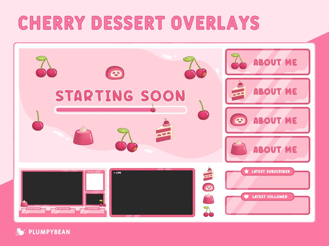 Twitch Stream Overlay Package Cute Cherry Dessert - Etsy