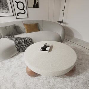 Wooden Coffee Table With Teddy Fabric Top and Ball Legs, Pouf ...