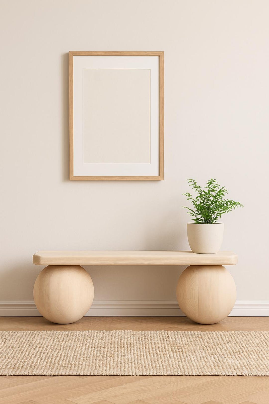 Wooden Sphere Bench – Modern Entryway Bench, Sculptural Ball Leg Stool ...