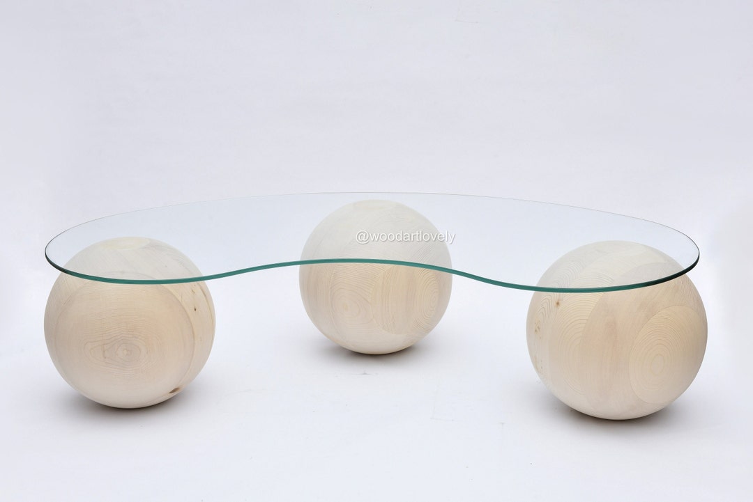 Raw Wood Ball Coffee Table: Modern Glass Center Table With Wooden Legs ...