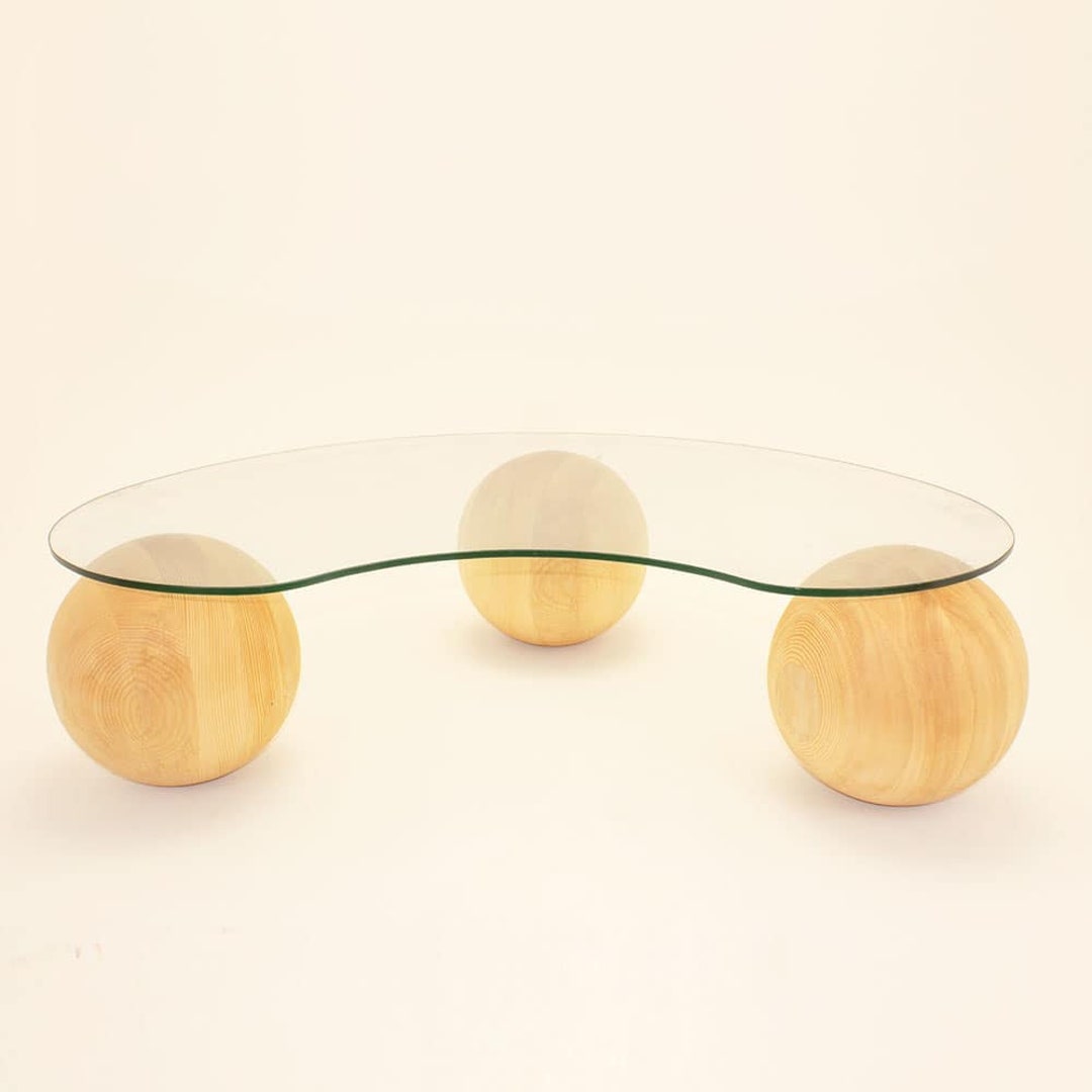 Glass Coffee Table With Wooden Ball Legs: Modern Living Room Center ...