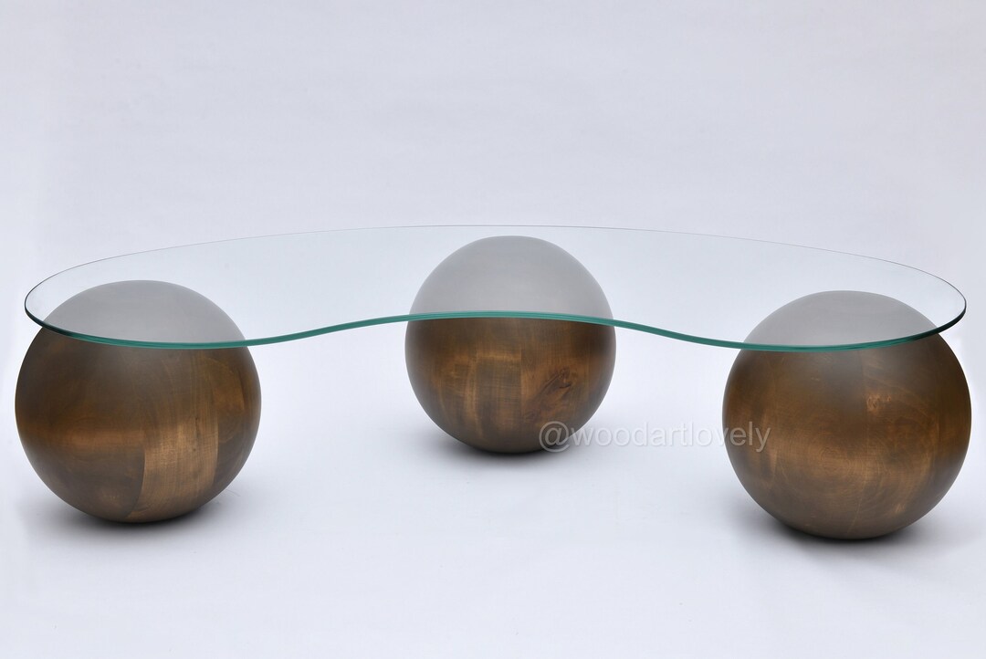 Walnut Wooden Ball Coffee Table: Modern Glass Top Center Table - Etsy