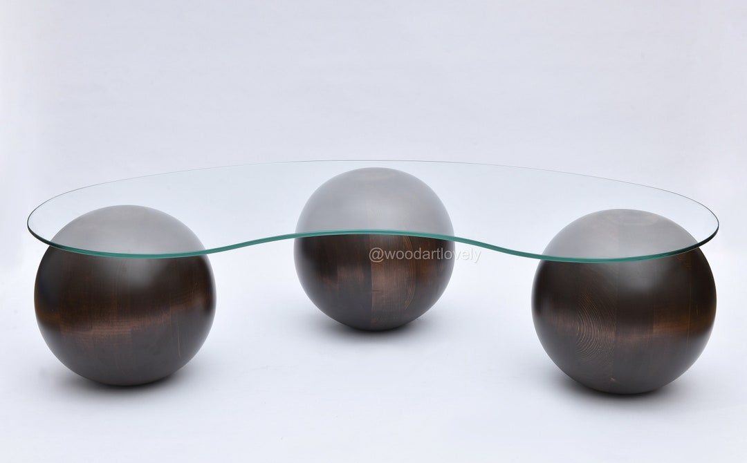 Dark Walnut Wooden Ball Coffee Table With Glass Top - Etsy