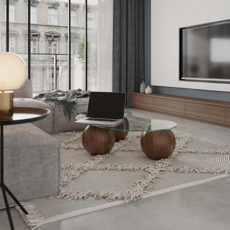 Wooden Ball Coffee Table: Modern Glass Top, Living Room Centerpiece - Etsy