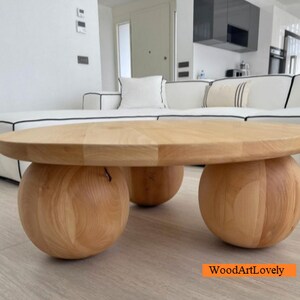 Lime Wood Ball Coffee Table: Modern Glass Top, Living Room Centerpiece ...
