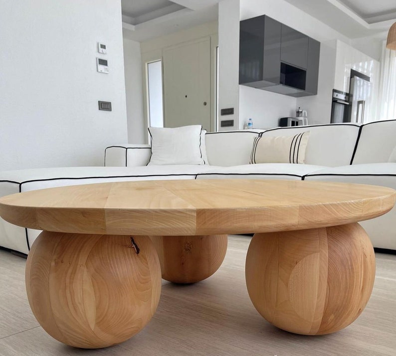 Glass Coffee Table With Wooden Ball Legs: Modern Living Room Center ...