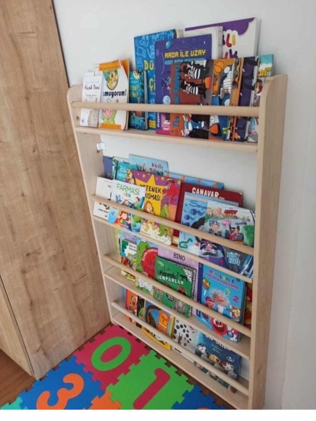 Montessori Bookcase With Round Slats, Toddler Bookcase, Montessori ...