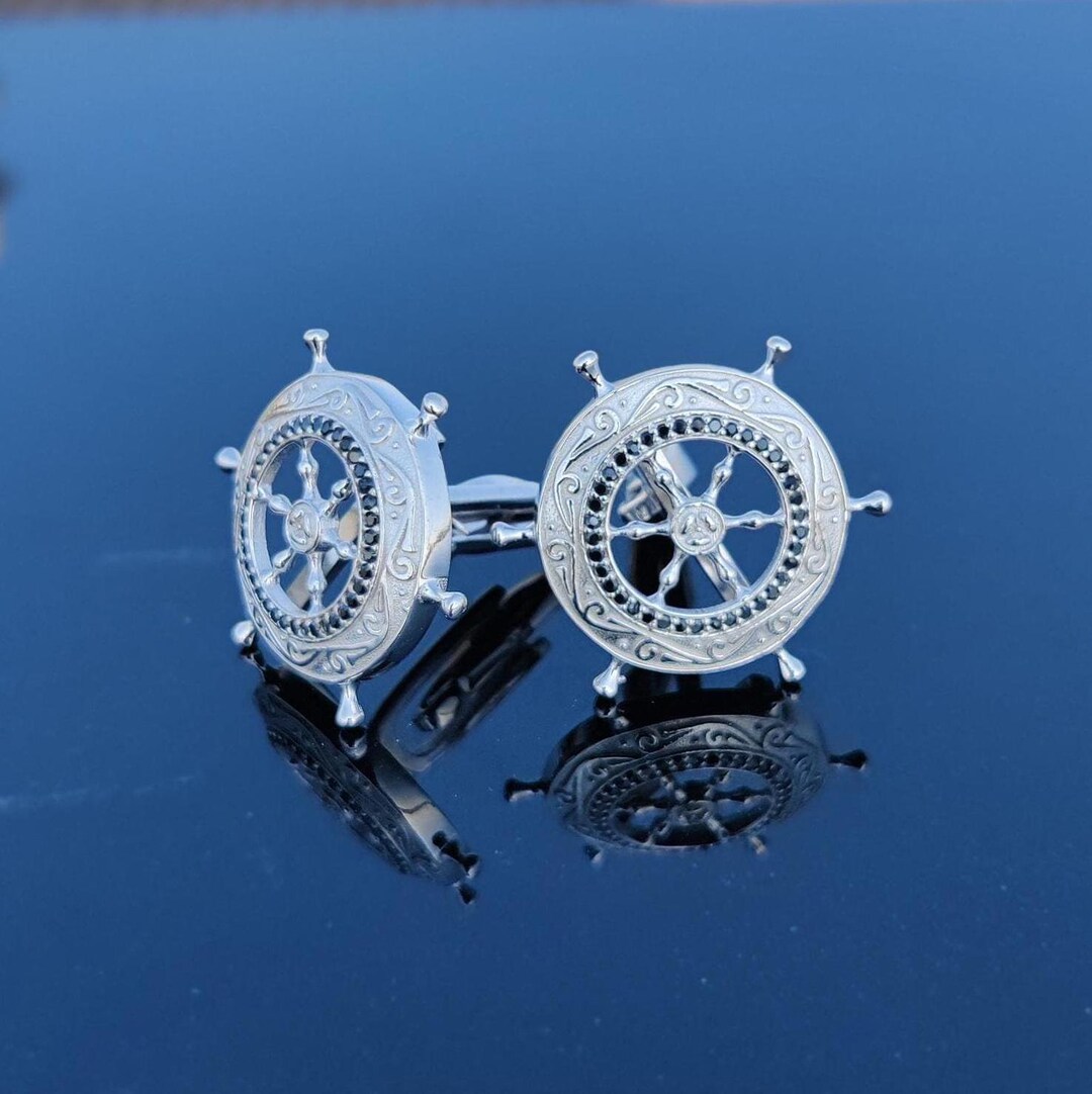 Pirate Ships Drawing Wheel Sterling Silver Cufflinks for Unisex, Black ...