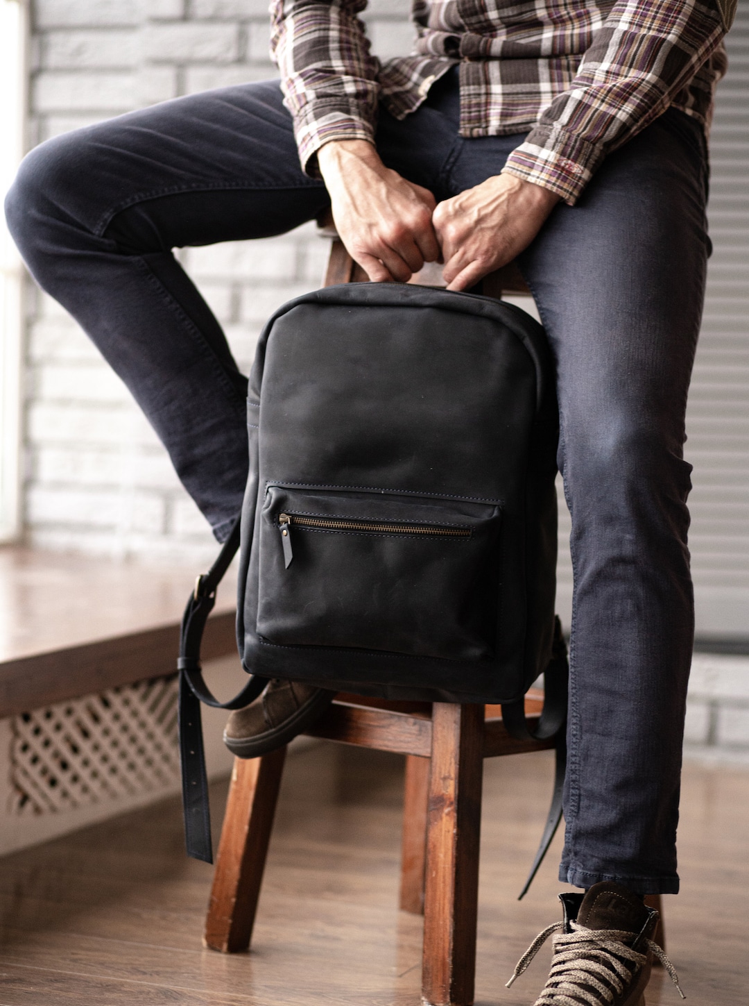 Blue Leather Backpack for Men With Zipper,leather Backpack for Men ...