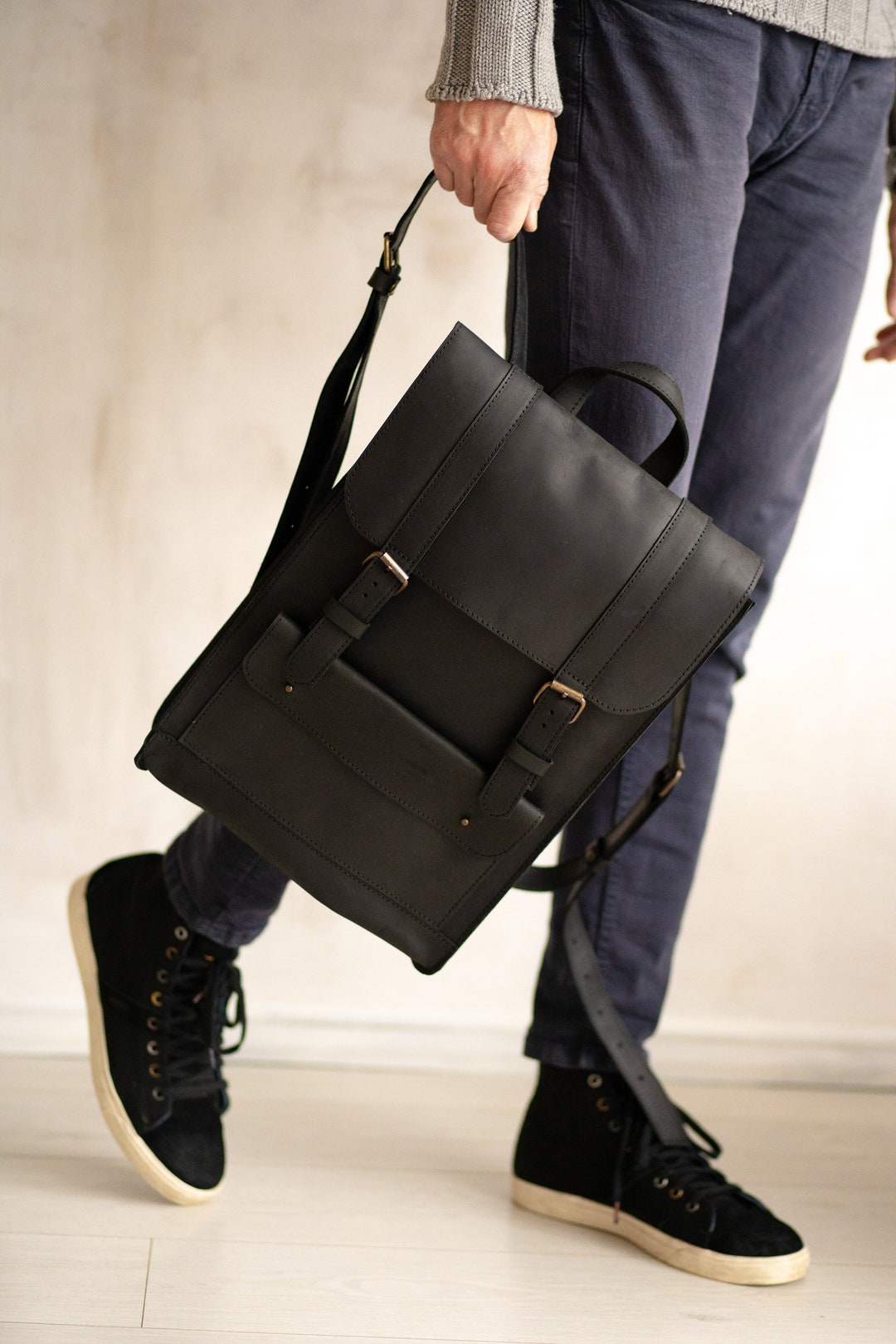 Black Unisex Handcrafted Leather Backpack,men Leather Backpack,work ...