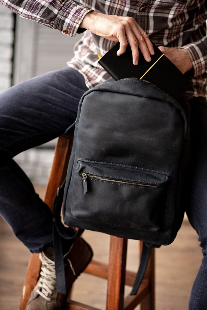 Blue Leather Backpack for Men With Zipperleather Backpack for | Etsy