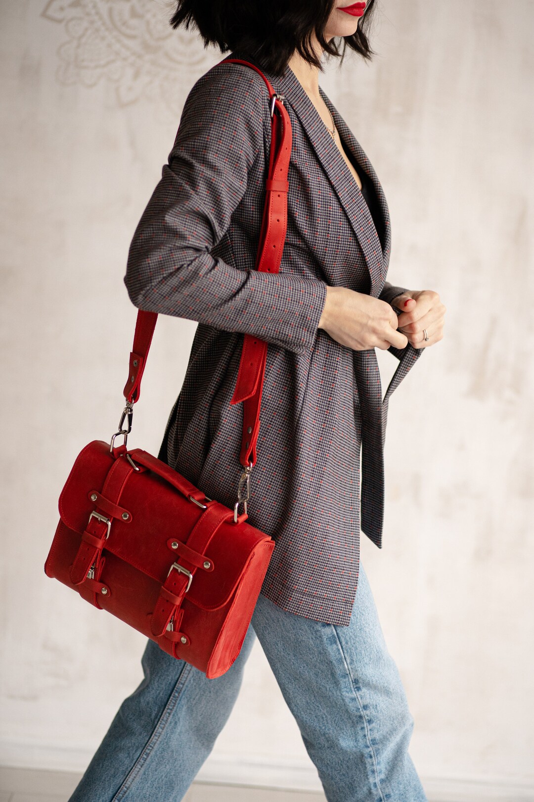 Red Leather Satchel Handbag: Everyday Tote Bag - Etsy