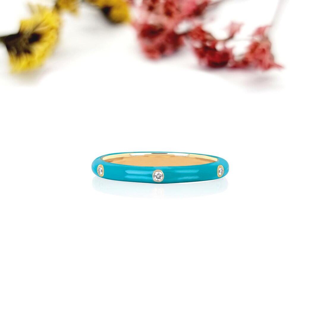 Natural Diamond Colorful Enamel Stacking Rings, / Turquoise Enamel Ring ...